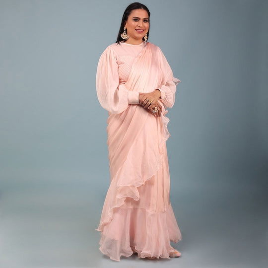 Women Organza Roundneck Regular Fit Sari Set Pastel Peach – Cult91