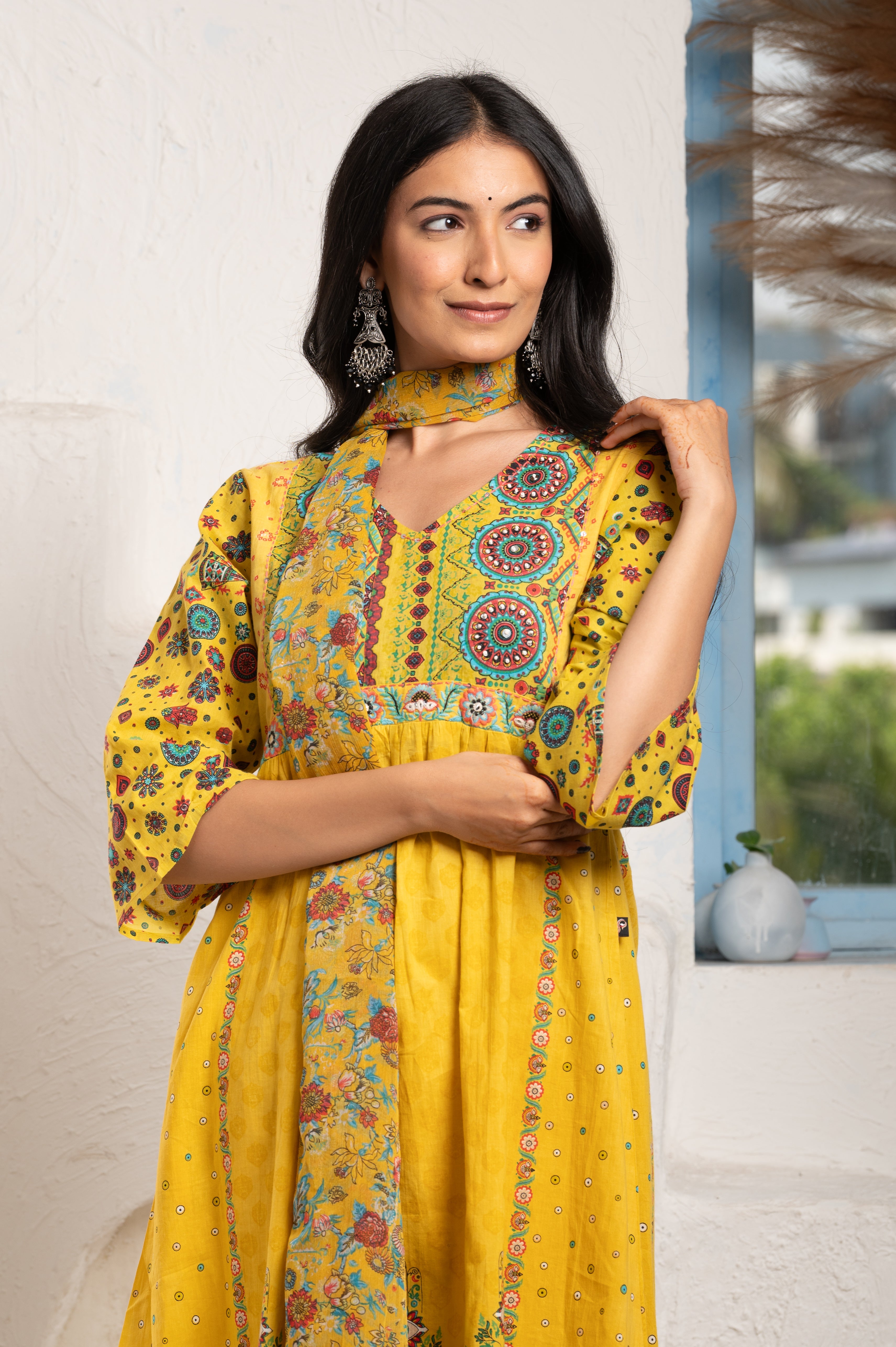 PRINTED MUSTARD COTTON SUIT SET WITH CHIFFON DUPATTA – Cult91