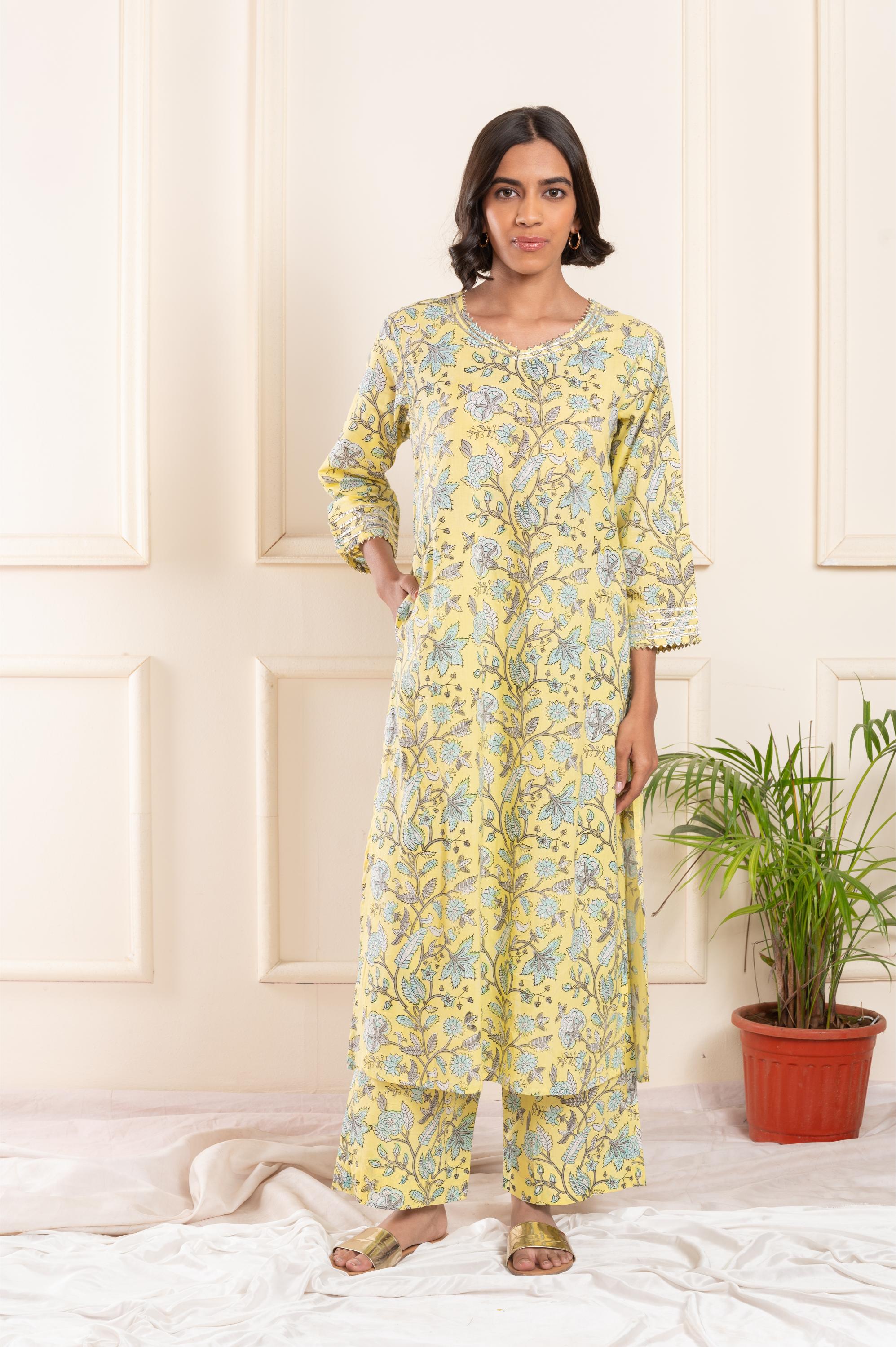 Women cotton blockprint gota patti suitset lemon yellow – Cult91